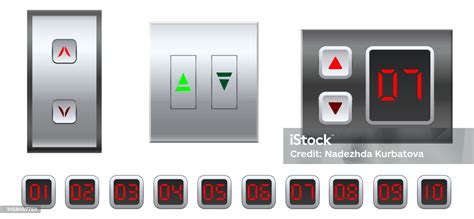 현실적인 엘리베이터 버튼 무대 운송 탐색 반짝이는 숫자 제어판 이동 레벨 스테인리스 건물 복도 홀 인테리어 벡터 격리 요소 세트 강철에 대한 스톡 벡터 아트 및 기타 이미지