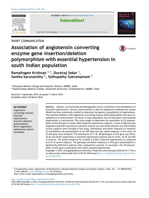 Pdf Association Of Angiotensin Converting Enzyme Gene Insertion Deletion Polymorphism With