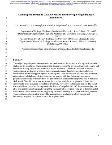 Pdf Axial Regionalization In Tiktaalik Roseae And The Origin Of Quadrupedal Locomotion