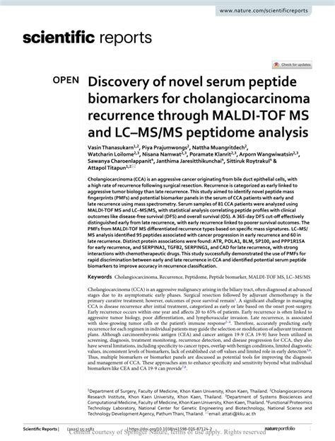 Pdf Discovery Of Novel Serum Peptide Biomarkers For Cholangiocarcinoma Recurrence Through