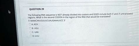 question 29 thie following rna sequence is not already divided into