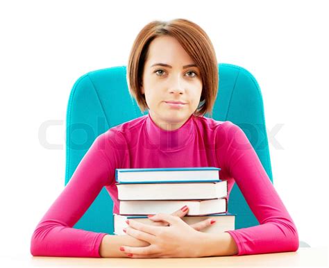 Junge Studentin Mit Vielen Studieren Bücher Stock Bild Colourbox