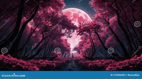 Fantasy Pink Forest With Tall Trees In Full Moon Night Stock