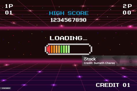 Loading Pixel Art 8비트 게임 복고풍 게임 벡터 일러스트레이션의 게임 자산용 복고풍 미래파 공상 과학 배경 빛나는