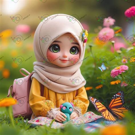 بک گراند کودکانه دختر کوچولوی ناز با حجاب نشسته میان گلها در حال نگاه