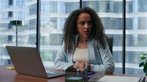 Concerned Woman Feeling Nervous Work Laptop Anxious Boss Calming After