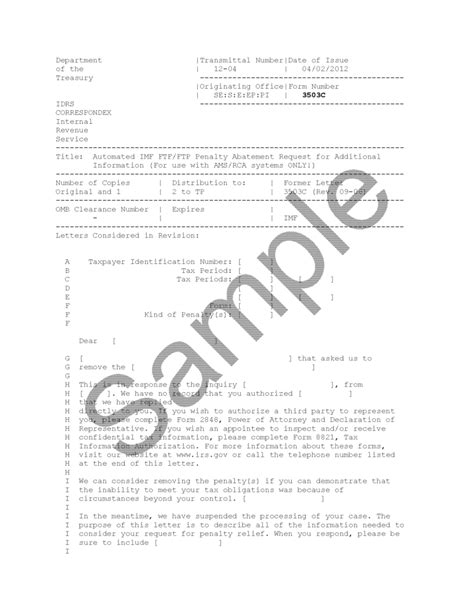 Irs Letter 3503c Failure To Filefailure To Pay Penalty Abatement