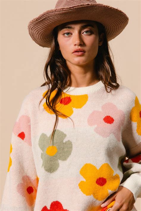 Bibi Multi Colored Daisy Flower Sweater In Cream June Adel