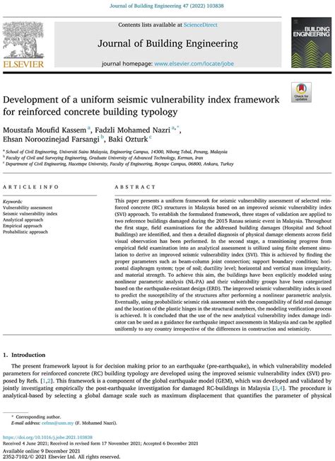 Pdf Development Of A Uniform Seismic Vulnerability Index Framework For Reinforced Concrete