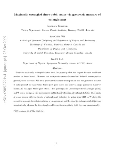 Pdf Maximally Entangled Three Qubit States Via Geometric Measure Of Entanglement