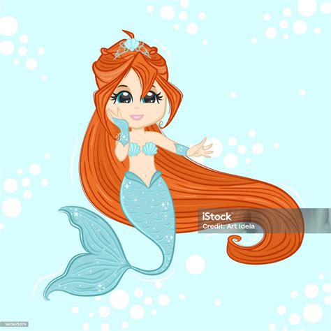 바다 밑에 있는 작은 귀여운 인어 책 삽화 패션 아트웍 티셔츠 그래픽 가공의 인물에 대한 스톡 벡터 아트 및 기타 이미지