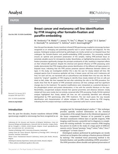 Pdf Breast Cancer And Melanoma Cell Line Identification By Ftir