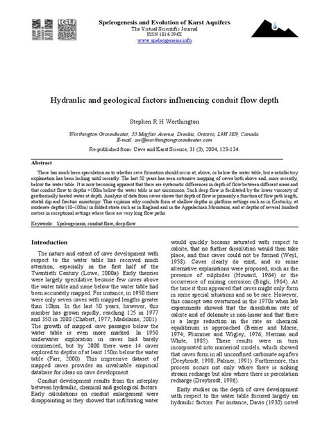 Pdf Worthington Stephen R H Hydraulic And Geological Factors Influencing Conduit Flow Depth