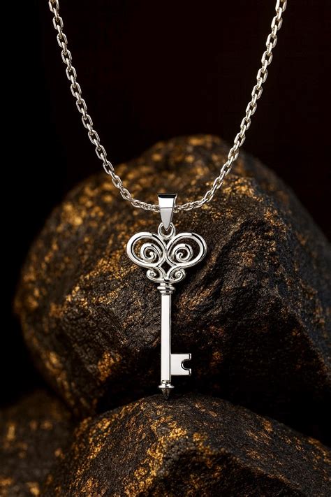 14k Solid Gold Ornate Key Necklace Elegant Vintage Style Gold Key