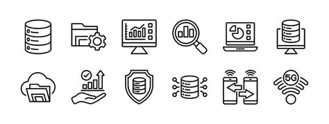 빅 데이터 얇은 선 아이콘 세트입니다 데이터베이스 분석 기술 폴더 통계 연구 서버 사이버 보안 전송 연결 모니터링 클라우드 컴퓨팅을 포함합니다 벡터 일러스트 레이 션 가상