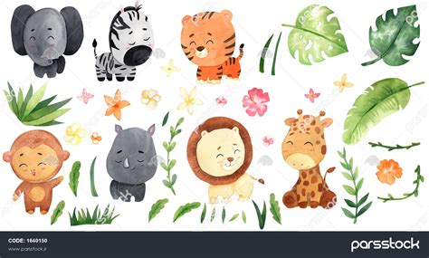 فیل ببر گورخر شیر زرافه میمون کرگدن تصاویر آبرنگ حیوانات سافاری و برگهای استوایی 1640150