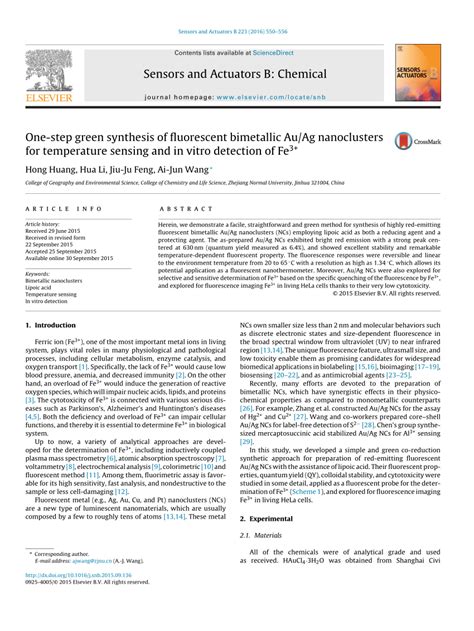 Pdf One Step Green Synthesis Of Fluorescent Bimetallic Auag Nanoclusters For Temperature