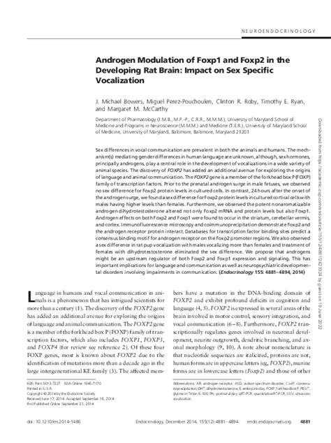 Pdf Androgen Modulation Of Foxp1 And Foxp2 In The Developing Rat