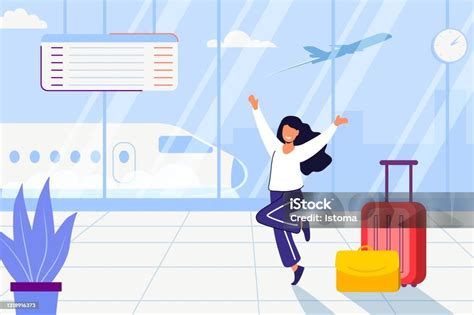 공항 터미널에서 여행 가방 점프와 다가오는 비행기 여행에서 기뻐하는 여자 창 벡터 일러스트를 통해 보이는 활주로에서 비행기 비행기로 비행기를 기다리는 소녀 손에 대한 스톡