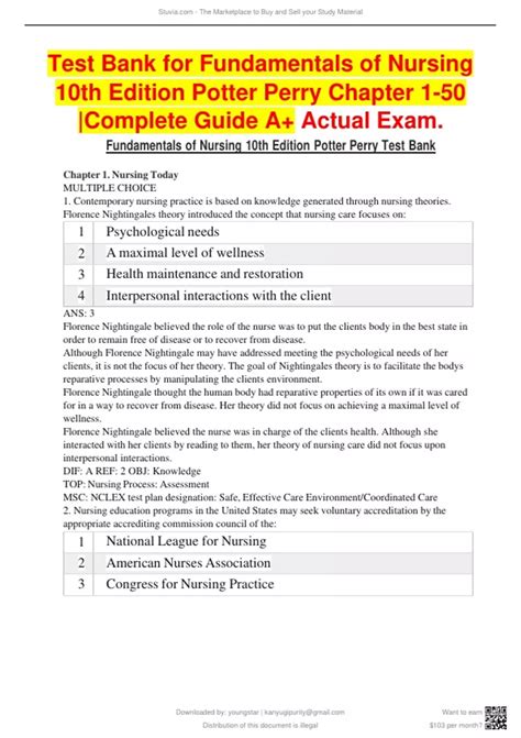 Test Bank For Fundamentals Of Nursing 10th Edition Potter Perry Chapter