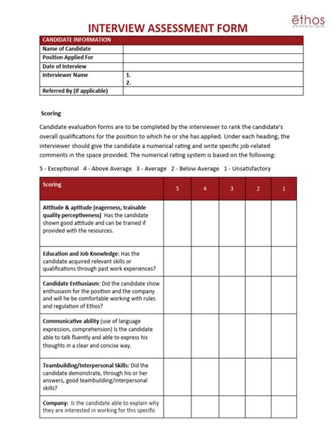 Terview Assessment Form Template Pdf Communication Behavioural Sciences