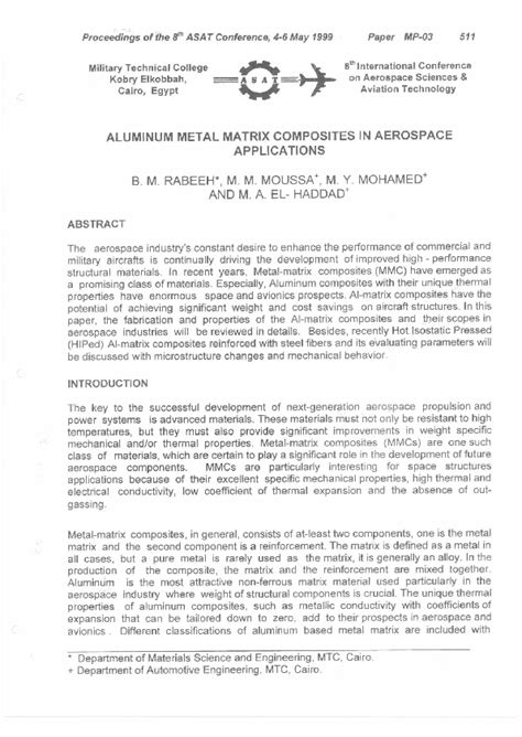 Pdf Aluminum Metal Matrix Composites In Aerospace Applications