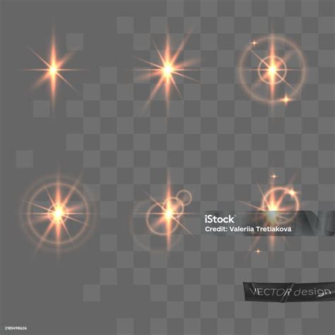 황금빛 반짝임을 설정하고 황금 원 별과 함께 빛나는 조명 효과를 설정합니다 벡터 일러스트 레이 션은 투명 한 절연되어 있습니다 카드 파티 디자인 전단지 포스터 배너 웹