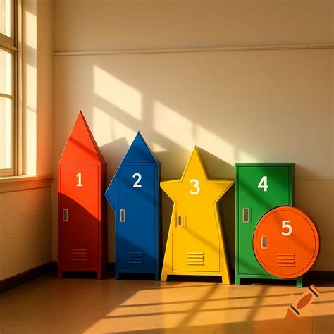 Five Colorful Lockers In A Classroom Shaped As A Triangle Diamond