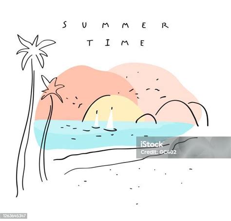 여름 시간 벡터 로맨틱 배경 보트 야자수 해변 일몰 및 필기 견적과 손으로 그린 구성 간단한 드로잉 구도에 대한 스톡 벡터 아트 및 기타 이미지 Istock