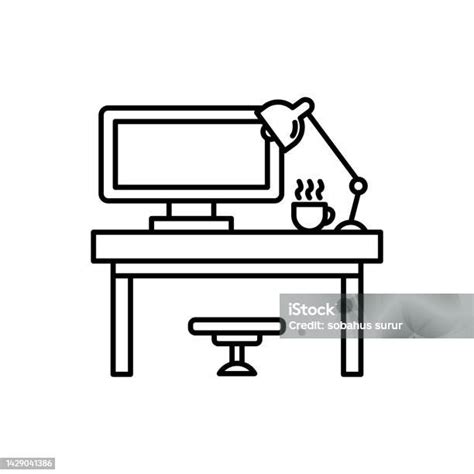 직장 라인 기호 컴퓨터와 테이블 램프가있는 책상과 커피 아이콘 편집 가능한 간단한 디자인 디자인 템플릿 벡터 0명에 대한 스톡 벡터 아트 및 기타 이미지 Istock