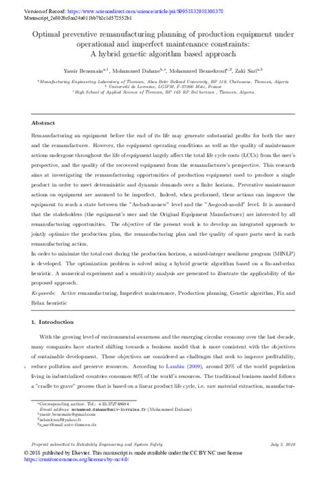 Pdf Preventive Remanufacturing Planning Of Production Equipment Under Operational And
