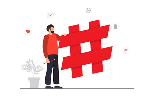 배경에 소셜 미디어에서 다른 기호와 큰 해시 태그를 들고 행복한 남자 전송 및 인터넷에서 공유 소셜 미디어 개념 플랫 벡터 일러스트 레이 션 Brand Name Online