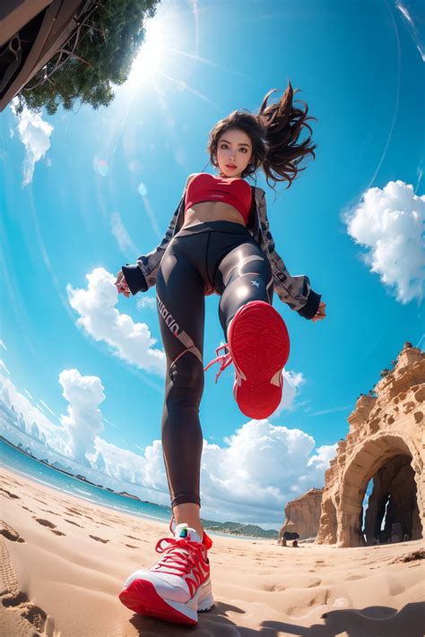 Araffe Woman In A Red Top And Black Leggings Is Running On The Beach