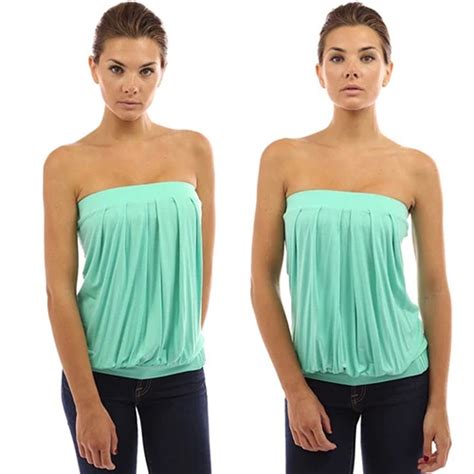 Sexy Women Solid Color Strapless Tube Bandeau Top Elastic Pleated