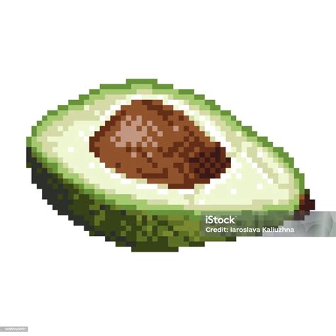 픽셀 아트 녹색 반 아보카도 아이콘입니다 픽셀화된 복고풍 야채 아이콘은 흰색 배경에 분리되어 있다 8비트 또는 16비트 스타일 아보카도 벡터 열대 과일 건강 1980