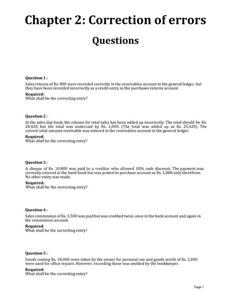 Correction Of Errors Questions Question 1 Sales Returns Of Rs 800 Were Recorded Correctly