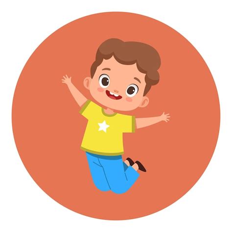 Счастливый милый мальчик прыгающий в яркой одежде поднял руки вверх мультяшная иллюстрация