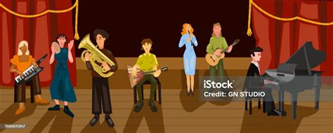 극장 무대에서 오케스트라 공연 음악원에서 클래식 음악 콘서트 문화 행사 개념입니다 뮤지컬 밴드 멤버 교향곡을 연주하는 만화 음악가 캐릭터 벡터 그림 Classical