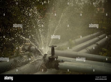 Burst Pipe Water Pouring Pipeline Accident Its Dangerous Situation Jets Of Boiling Water