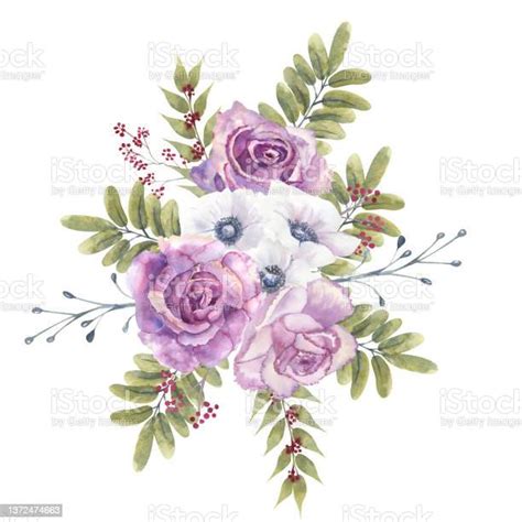 흰색 고립 된 배경에 보라색 장미와 말미잘꽃 꽃다발 손으로 그린 수채화 일러스트 복고풍에 대한 스톡 벡터 아트 및 기타 이미지