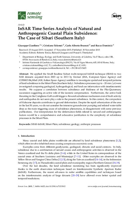Pdf Insar Analysis Of Subsidence In Sibari Plain