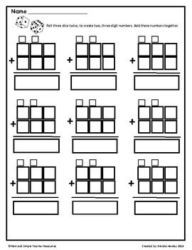 3 Digit Addition Dice Game By Plain And Simple Teacher Resources