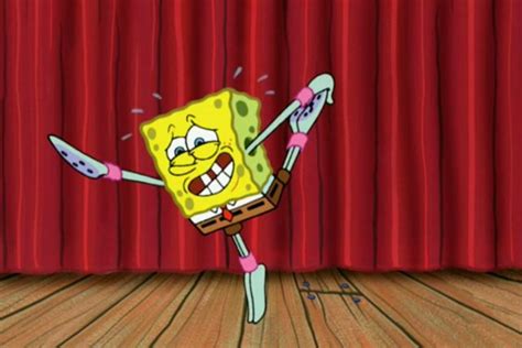 Spongebob Dancing In Front Of A Red Curtain