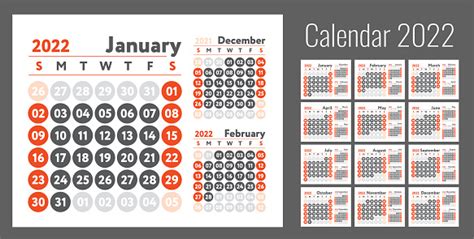 2022 달력 새해 플래너 디자인 영어 캘린더 빨간색 벡터 템플릿입니다 주일요일에 시작됩니다 비즈니스 계획 0명에 대한 스톡 벡터 아트 및 기타 이미지 Istock