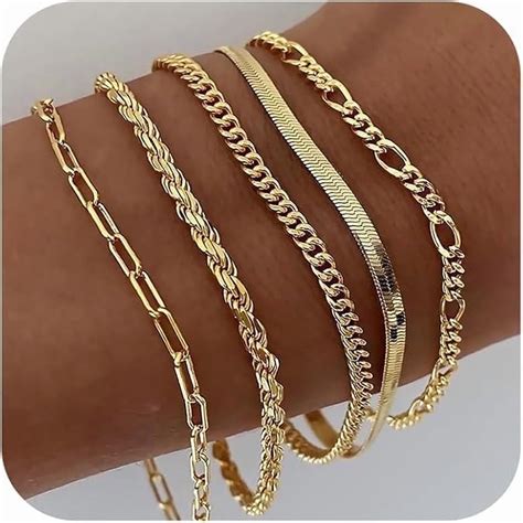 Gold Bracelets For Women 14k Gold Plated Jewelry Set 5 Pcs Stackable