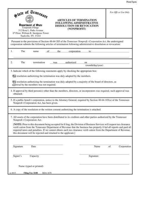 Fillable Articles Of Termination Following Administrative Dissolution