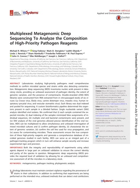 Pdf Multiplexed Metagenomic Deep Sequencing To Analyze The Composition Of High Priority