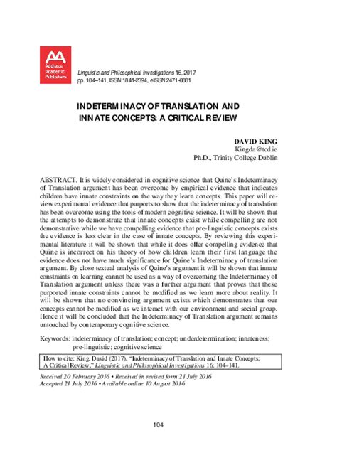 Pdf Indeterminacy Of Translation And Innate Concepts A Critical Review