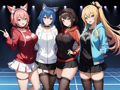 Three Girls In Short Skirts And Cat Ears Pose For A Picture Seaart Ai