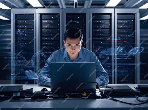 Premium Photo Man Using Laptop In Data Center